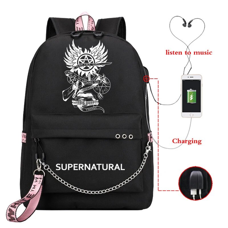 Рюкзак с принтом сверхъестественного SPN и USB-портом для наушников, школьные сумки для мальчиков и девочек, студентов, дорожный рюкзак для ноутбука Mochila