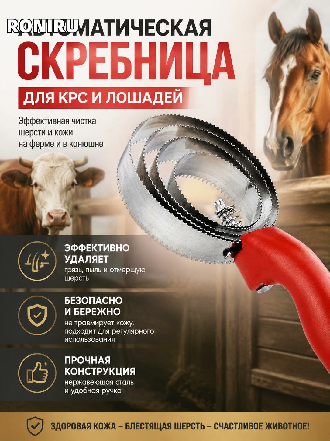 Скребница автоматическая для крупного рогатого скота и лошадей — чистка шерсти и кожи на ферме и в конюшне, для ферм
