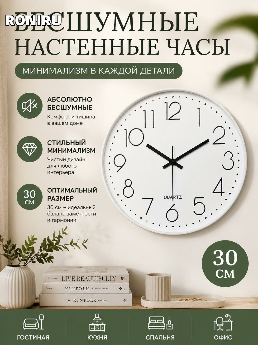 Бесшумные настенные часы 30 см белые – круглые часы для гостиной, кухни, спальни и офиса в минималистичном стиле