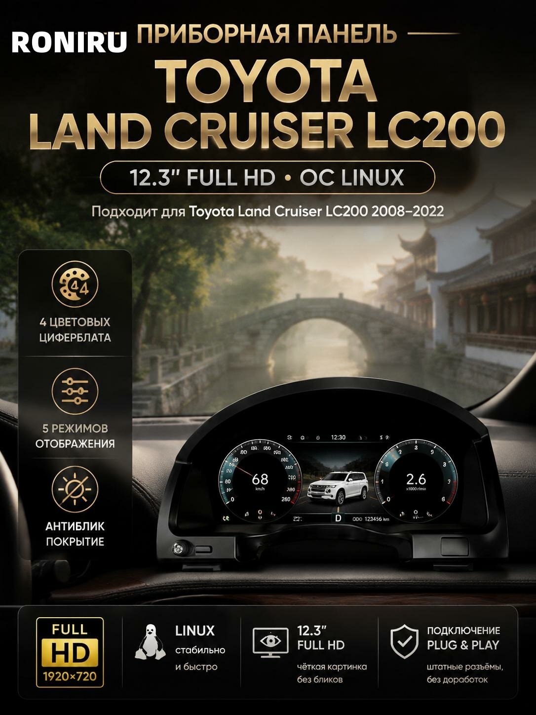 Приборная панель Toyota Land Cruiser LC200 12.3' Full HD, ОС LINUX — 4 цветовых циферблата, 5 режимов и антиблик