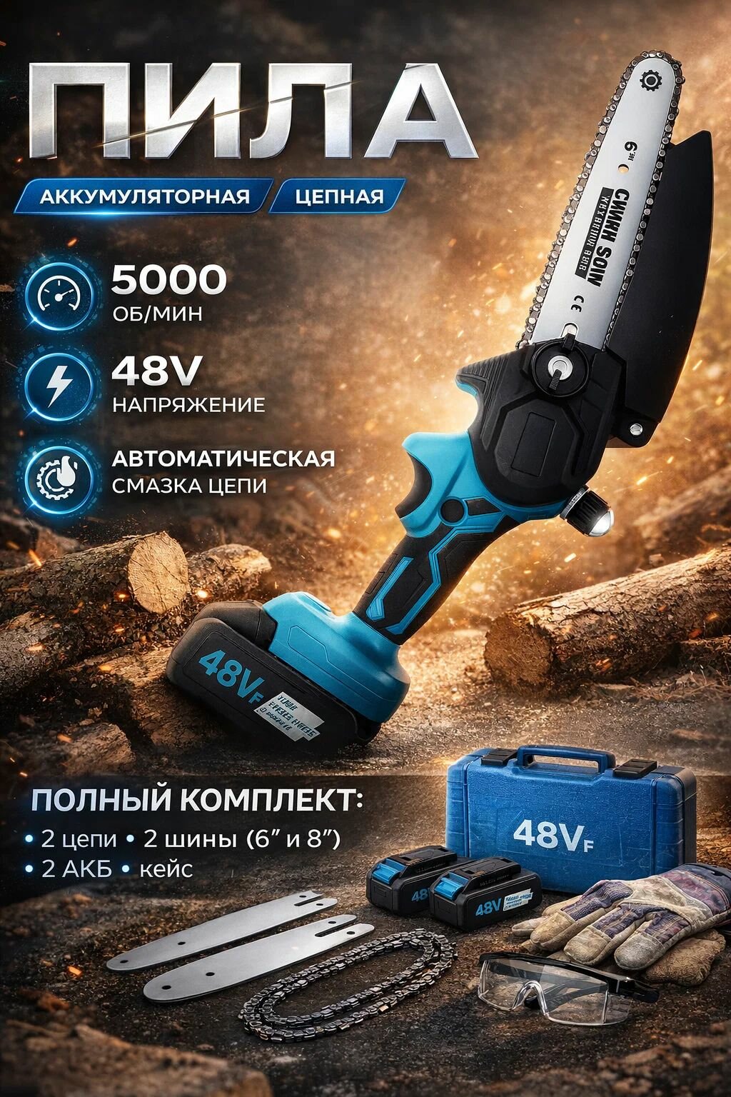 Пила аккумуляторная цепная 8/6 дюймов