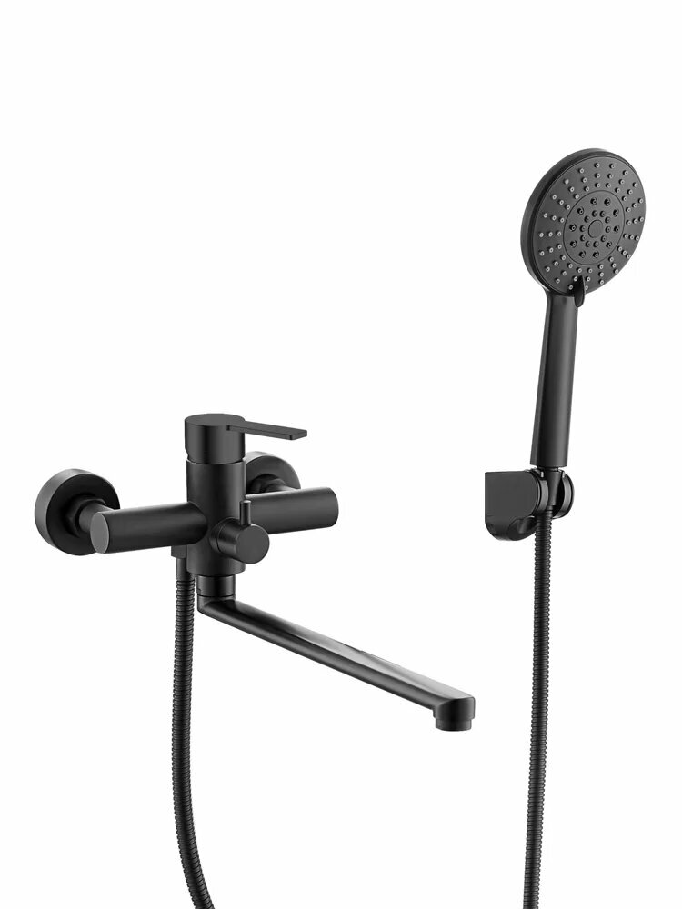Смеситель для ванны с длинным изливом Agger Easy A3121144 с душевым гарнитуром, поворотный, из нержавеющей стали, черный, матовый, смеситель для ванны с душем, рычажный, с настенным держателем