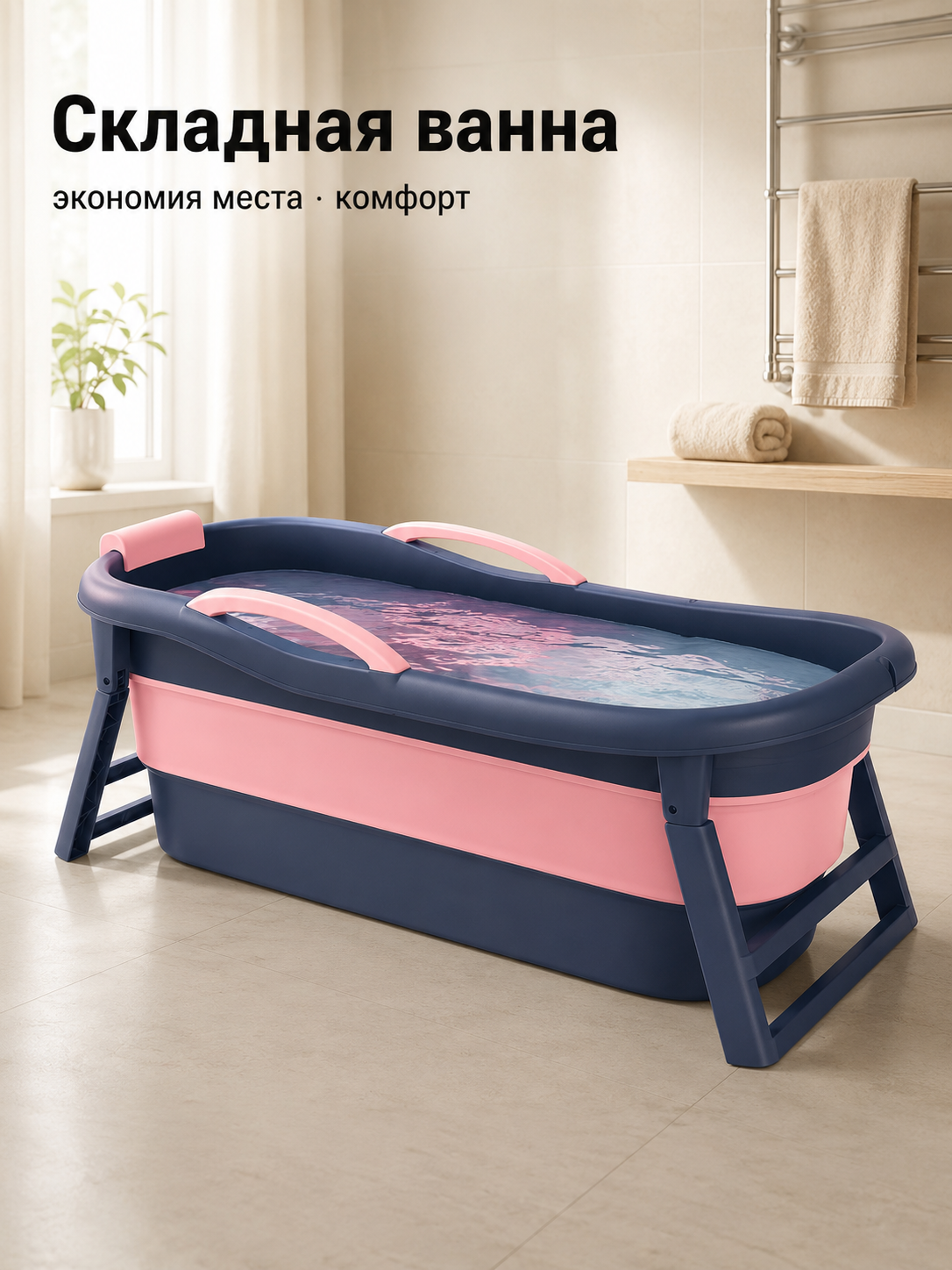 Портативная складная ванна 130 см, сине-розовая, без крышки, лёгкая, SPA-эффект