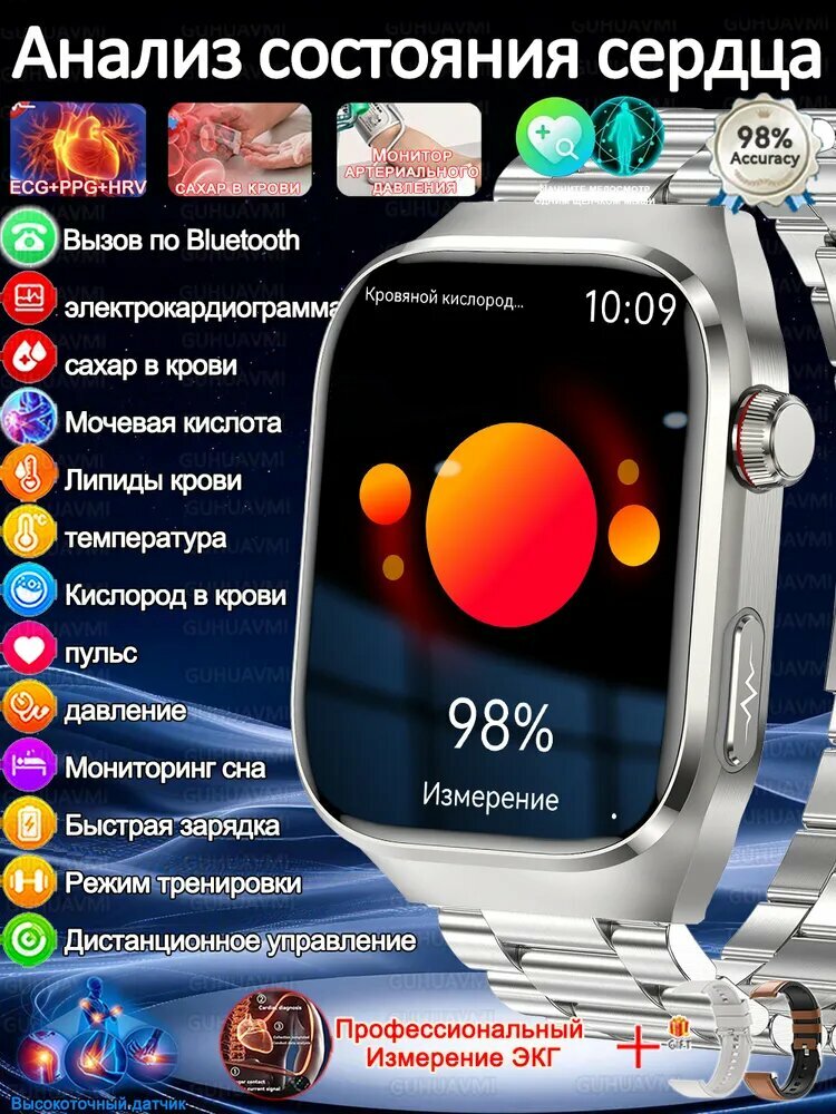 GUHUAVMI Смарт-часы Профессиональные медицинские часы с высокоточными датчиками для измерения ЭКГ, сахара, мочевой кислоты, липидов крови, давления, пульса и температуры. Точность измерений соответствует медицинским стандартам, 40mm, Серебристая сталь 2A