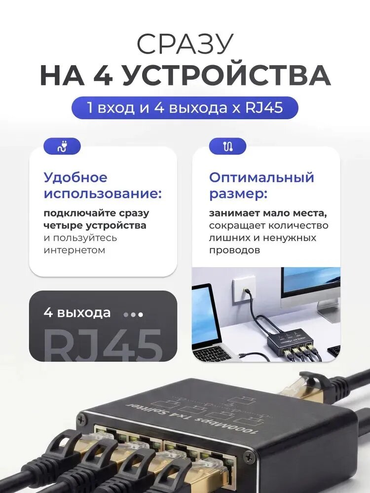 Сетевой разветвитель RJ45 на 1/4 порта, 1 Гбит/с, с питанием от USB