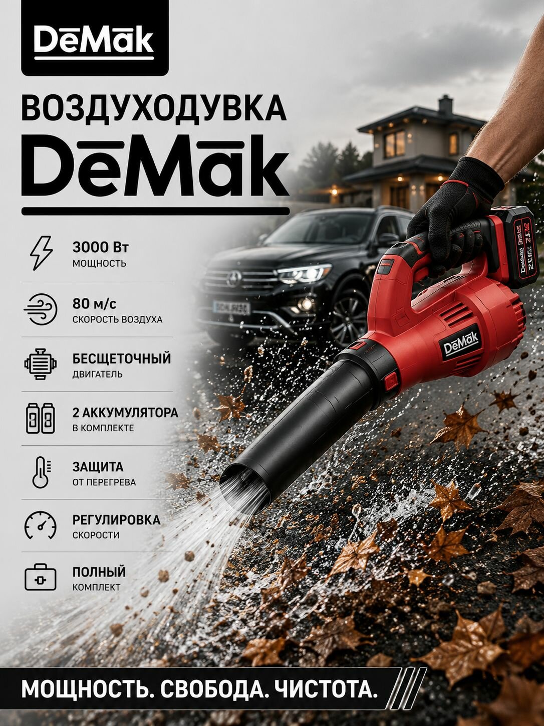 Воздуходувка аккумуляторная бесщёточная DeMak мощная 3000 Вт садовая воздуходувка-пылесос для уборки листьев, обдува авто и розжига мангала, 2 АКБ 4 А*ч