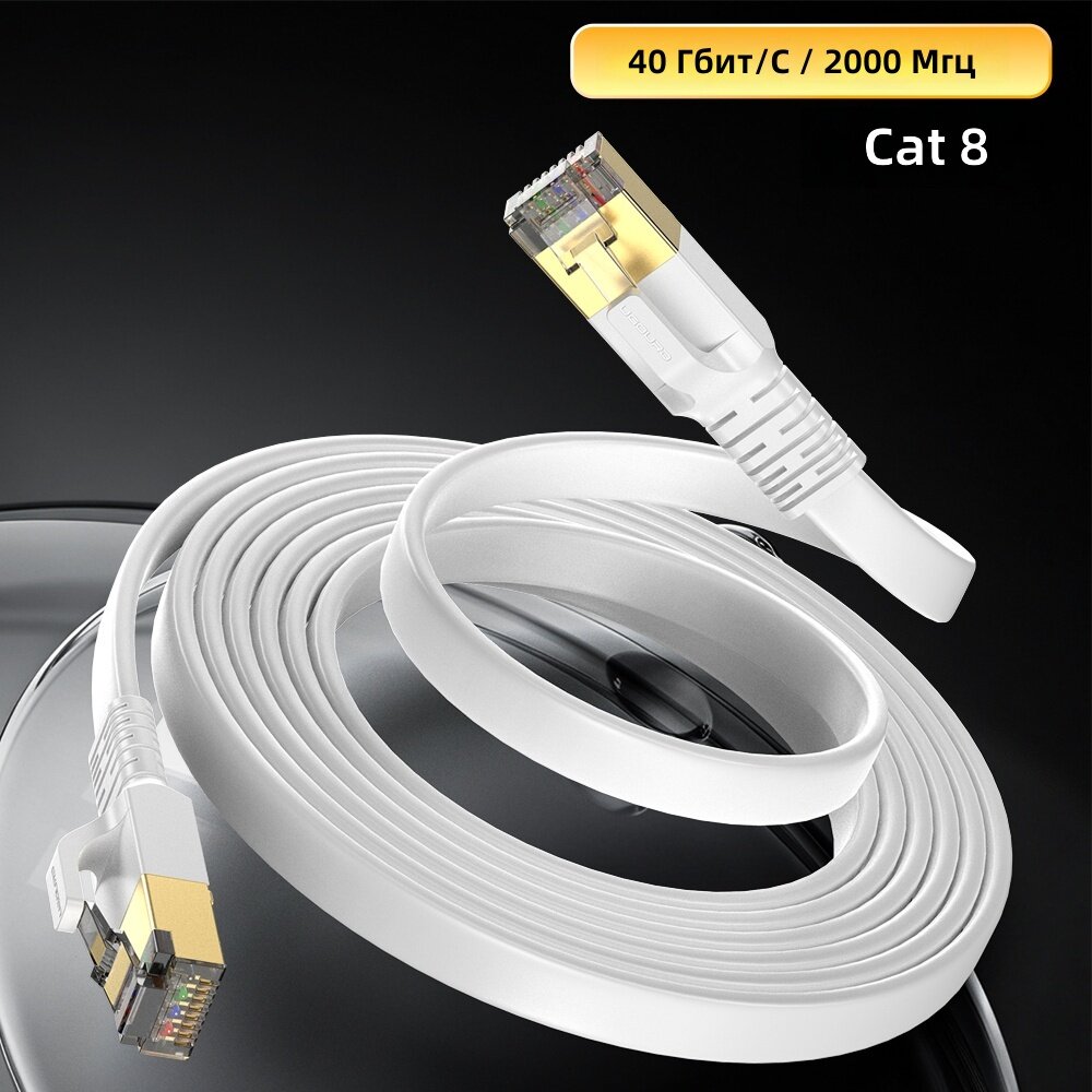 Белый Ethernet кабель Cat8, RJ45 M-M, стандарт T568, скорость передачи 40 Гбит/с, длина 19.69 дюйма для роутера, модема, коммутатора