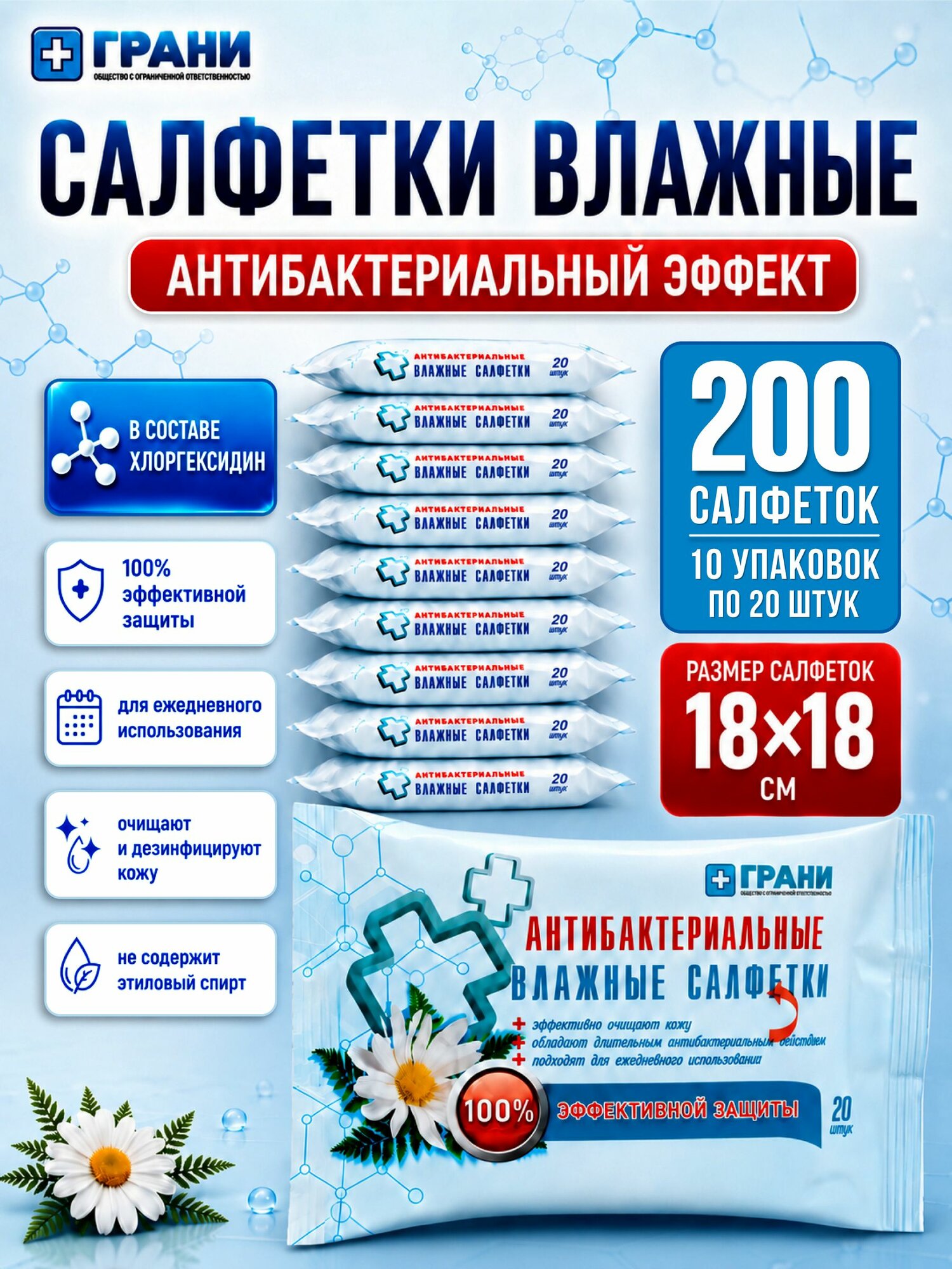Влажные салфетки антибактериальные 200 штук (20 штук х 10)