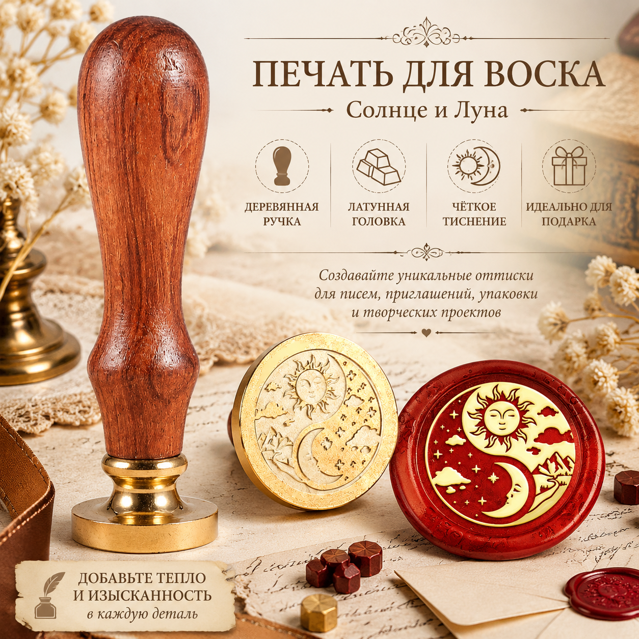 Печать для сургуча Инь-Ян , деревянная ручка, латунный штамп для писем, приглашений, открыток и подарков