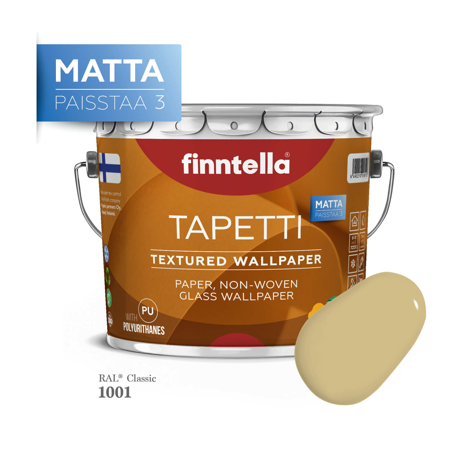 Матовая краска для обоев под окраску TAPETTI Matta FINNTELLA, Цвет RAL 1001 Бежевый (Beige), 2,7л