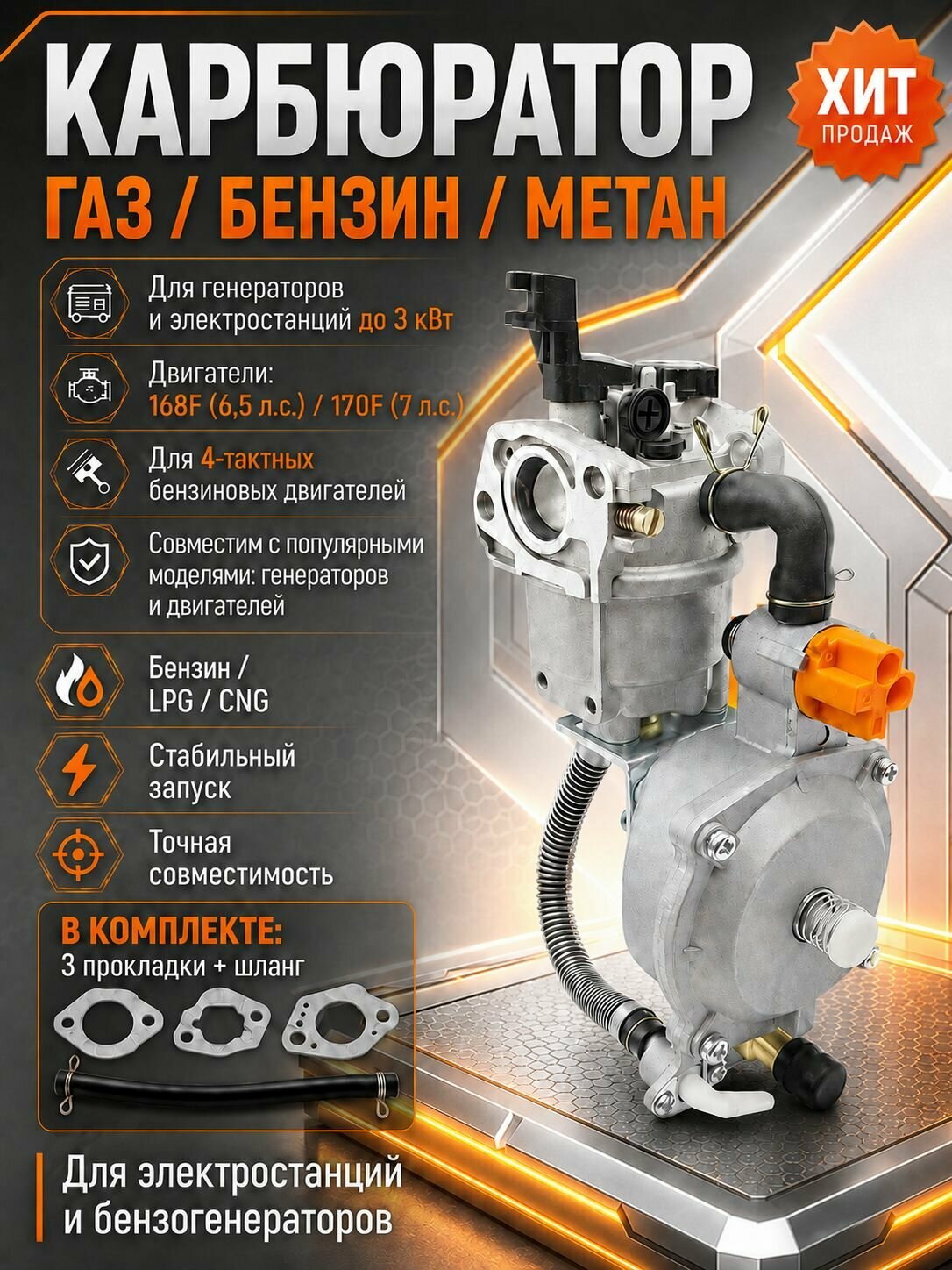Комплект карбюратора для бензинового генератора LPG168 GX160 GX200 168F 170F 3-5 кВт Аксессуары