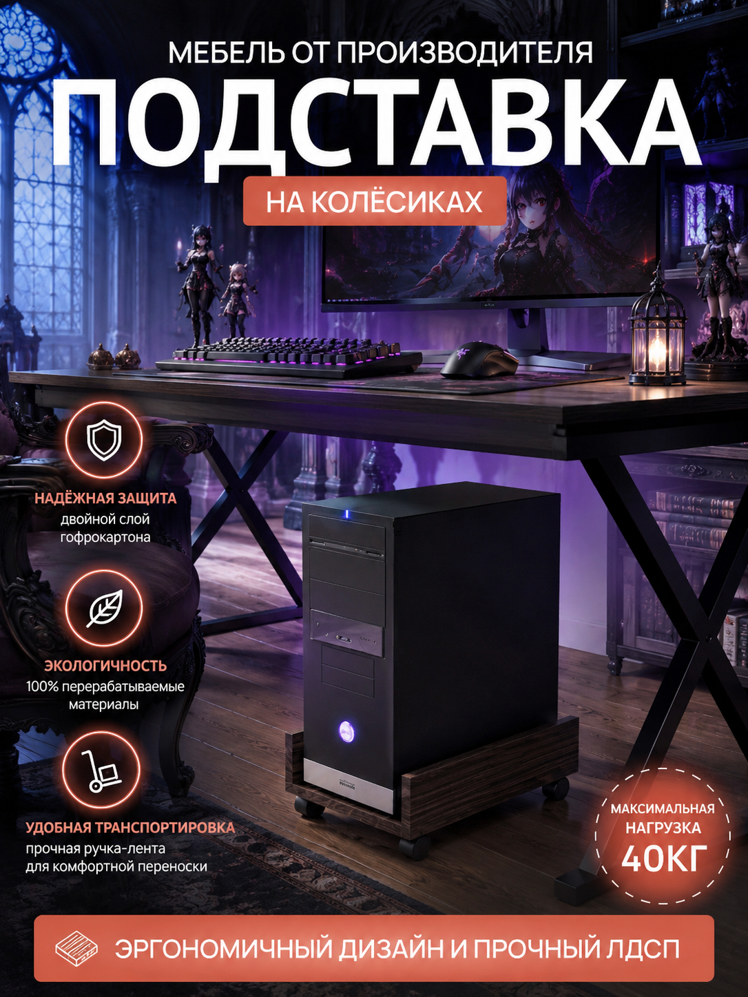 Подставка под системный блок на колесах венге