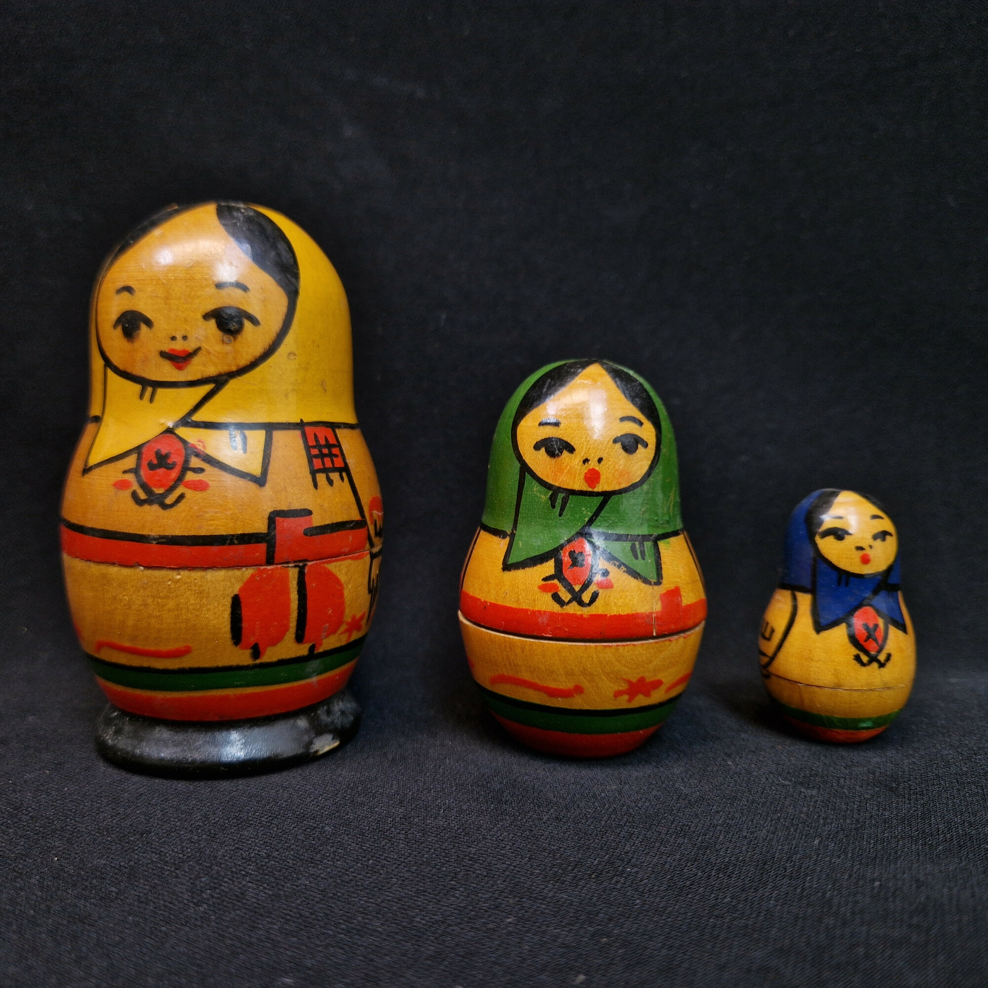 Матрешка винтажная, СССР. Набор 3 шт, деревянная расписная игрушка ручной работы