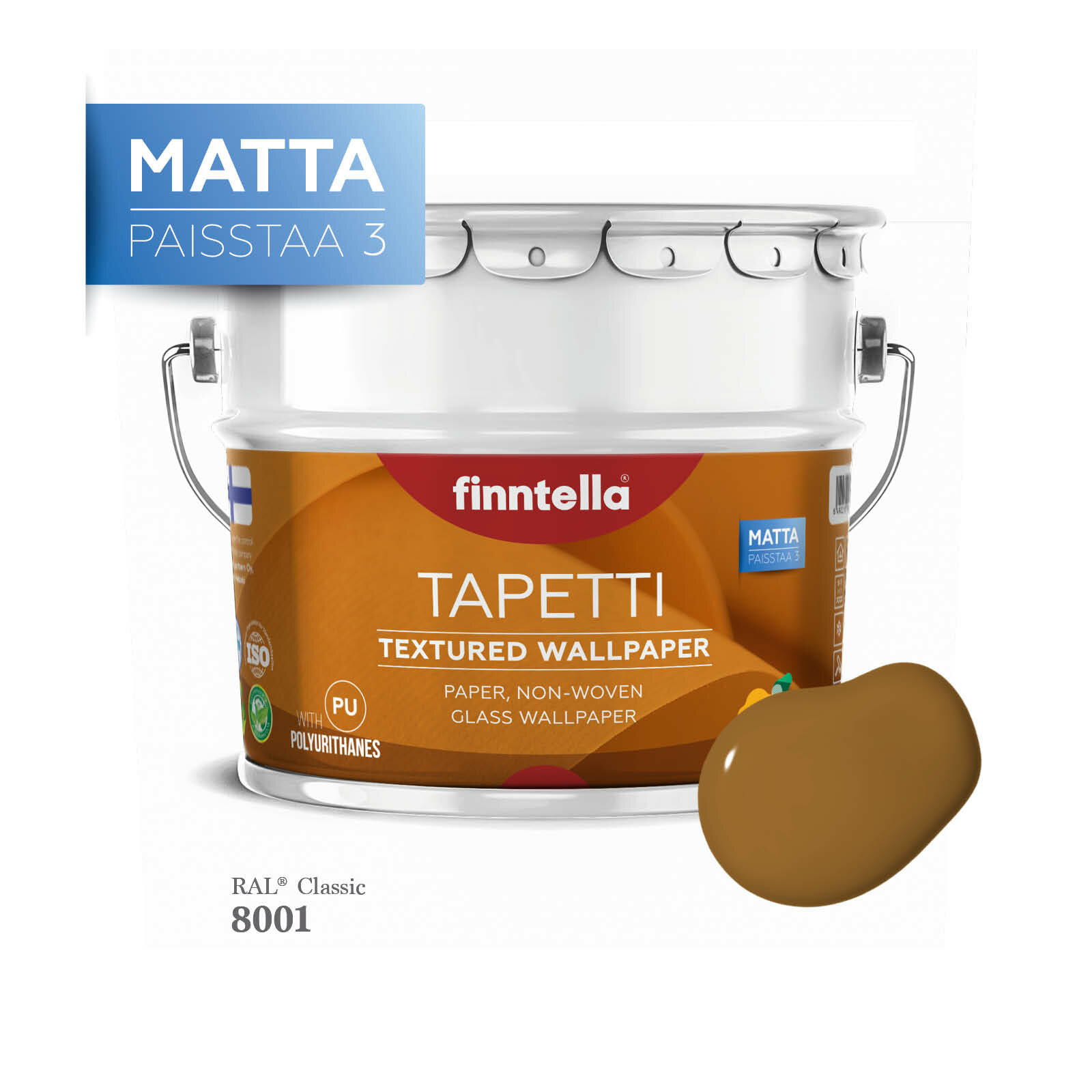 Матовая краска для обоев под окраску TAPETTI Matta FINNTELLA, Цвет RAL 8001 Охра коричневая (Ochre brown), 9л