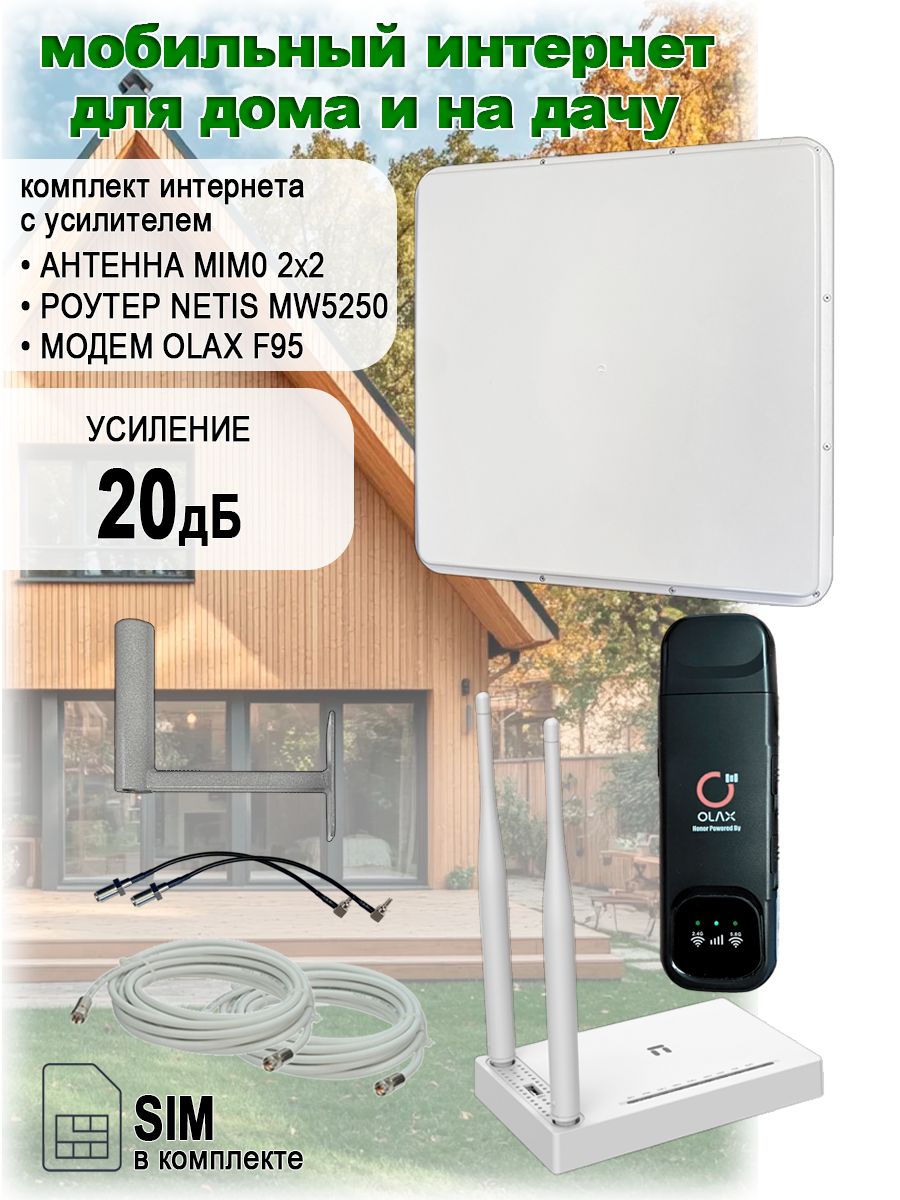 Комплект интернета 4G на дачу, усилитель 20дБ + модем F95 + роутер Netis