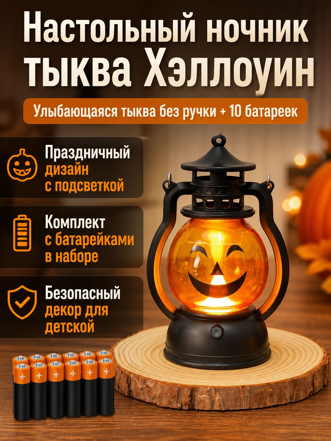 Трехмерная светодиодная лампа в виде тыквы на Хэллоуин, без ручки, черно-оранжевая, с 10 батарейками, для украшения и подарка детям