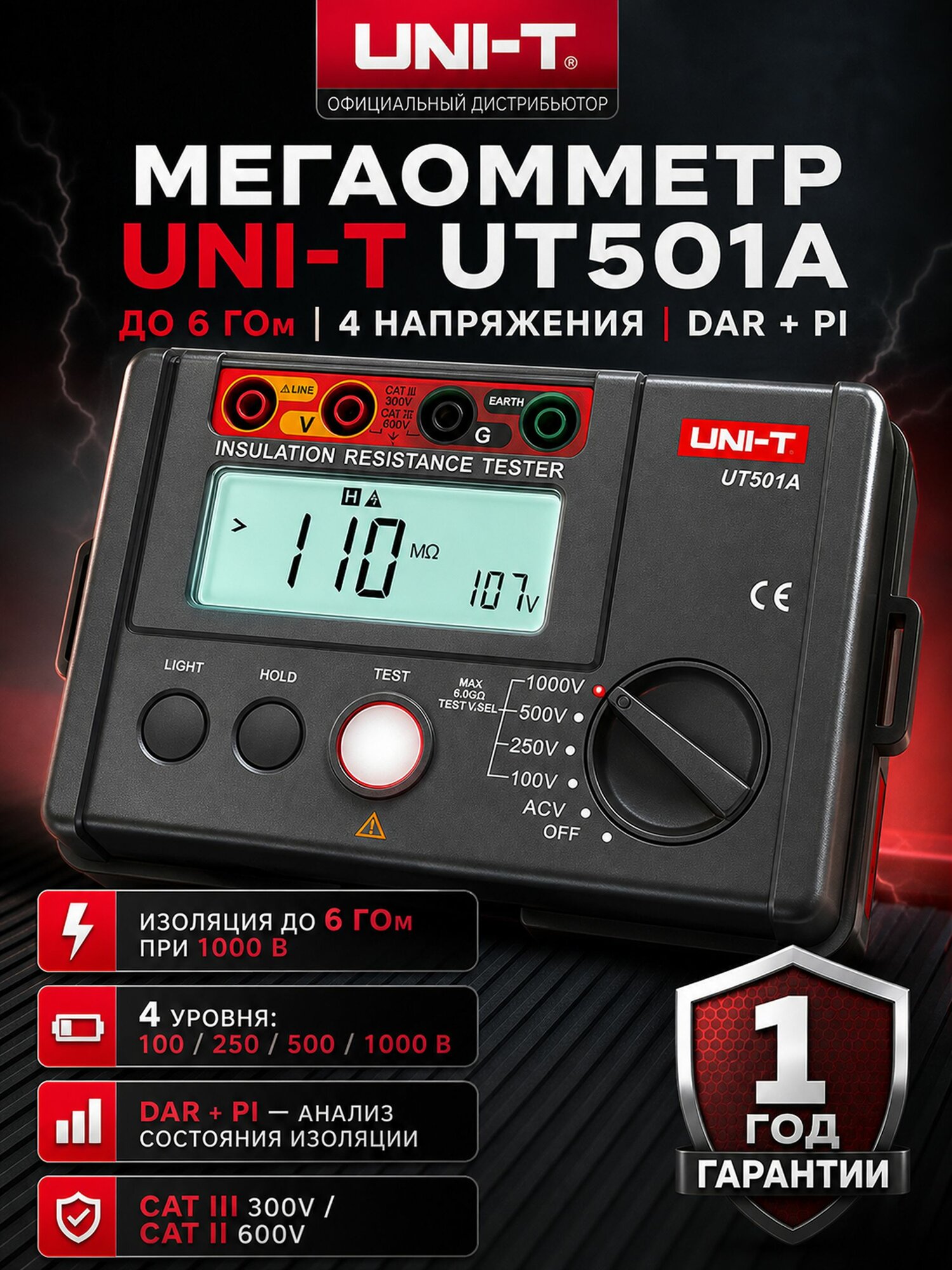 Тестер (измеритель) сопротивления изоляции высокоточный UNI-T UT501A Тестер заземления Мегомметр Вольтметр