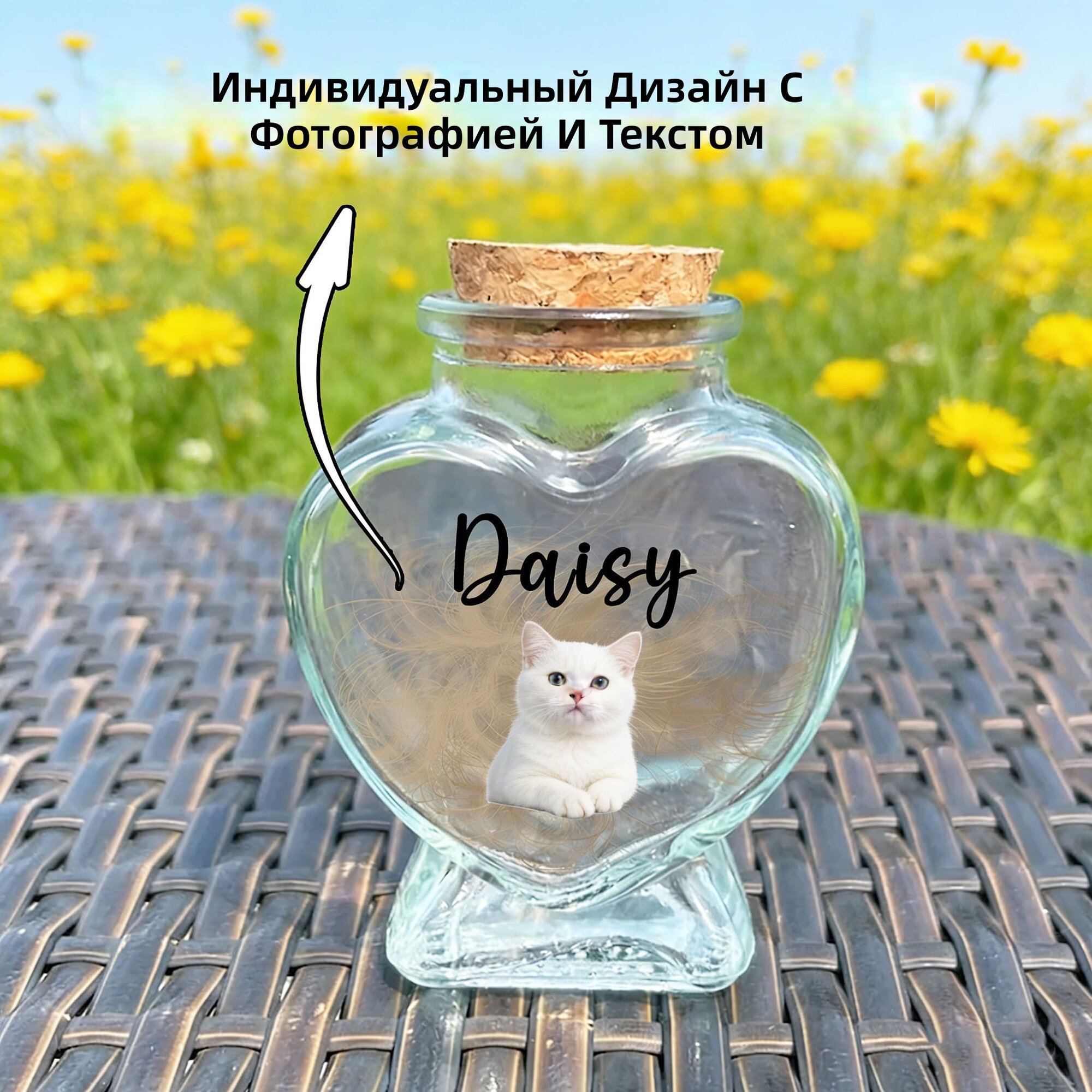 Памятная банка для хранения шерсти кошек и собак с индивидуальной фотографией и надписью, 1 шт.