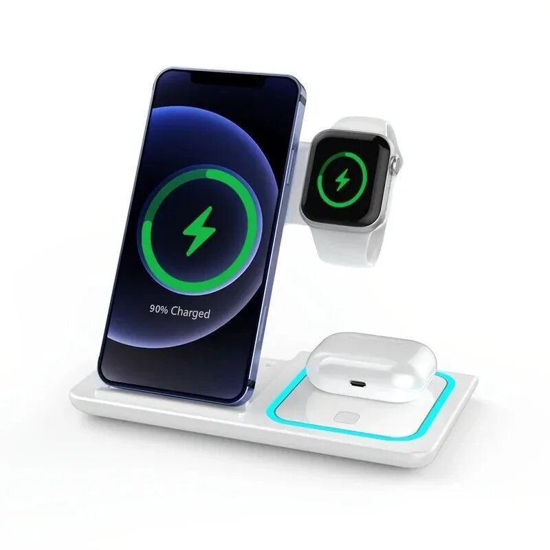 Беспроводное зарядное устройство 3 в 1 для iPhone 15 14 13 12 Pro Max 11, док-станция Белый, White