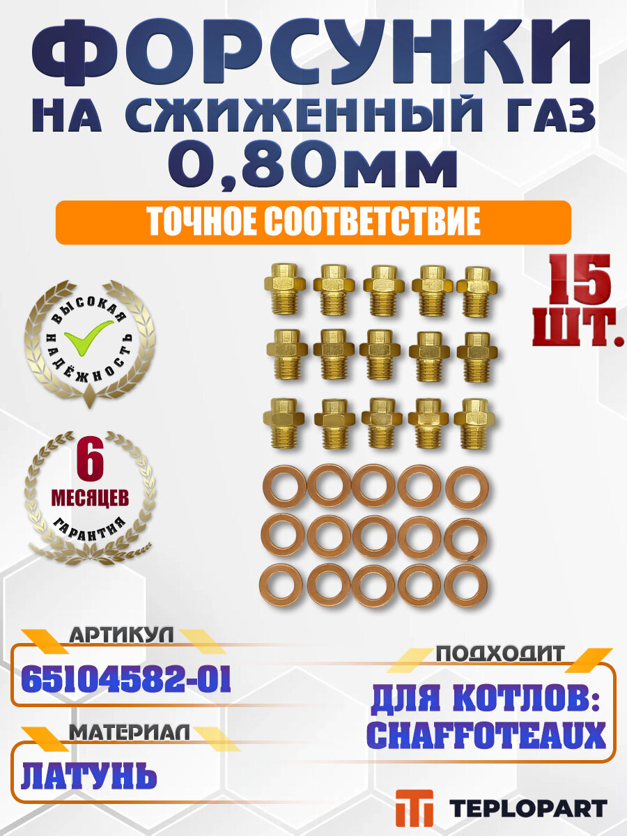 Комплект форсунок LPG сжиженный газ 0,80 мм, 15 шт. CHAFFOTEAUX Alixia, Pigma, Talia, Niagara, 65104582-01
