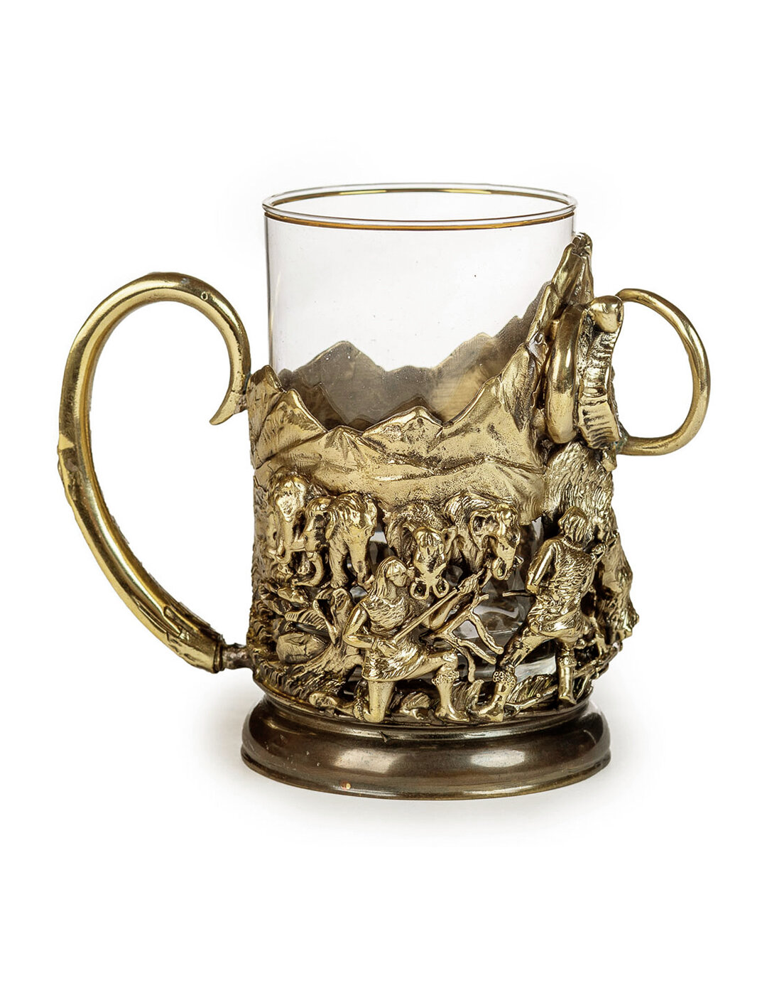 Подстаканник "Охота на мамонта" объемный, литье, хрусталь, латунь.