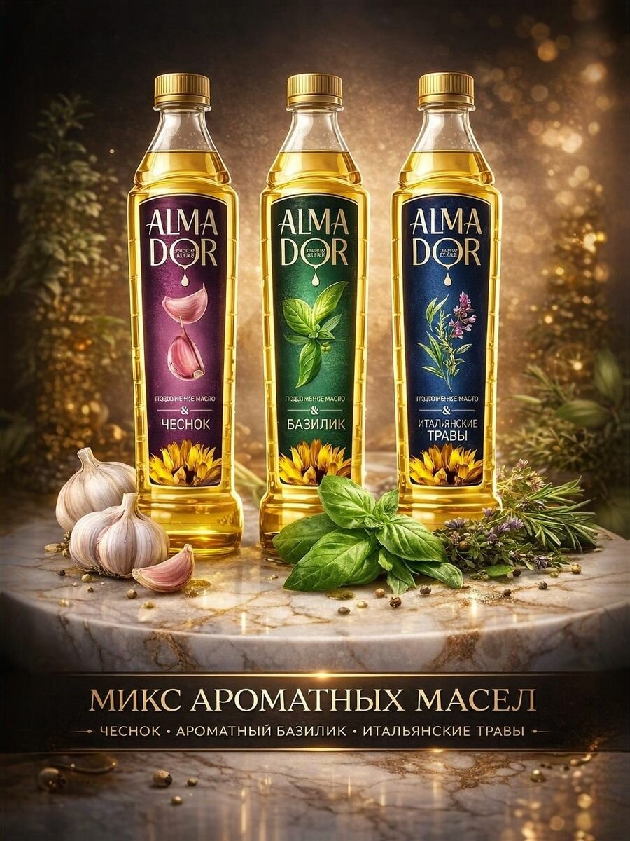Масло подсолнечное ALMADOR микс с ароматом базилика, итальянских трав и чеснока, 3 шт по 750 мл