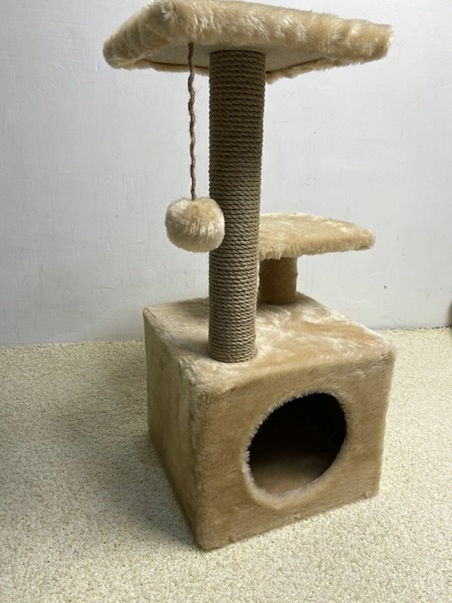 Когтеточка-домик для кошек "Актив", с игрушкой, бежевый, 31x31x65 см