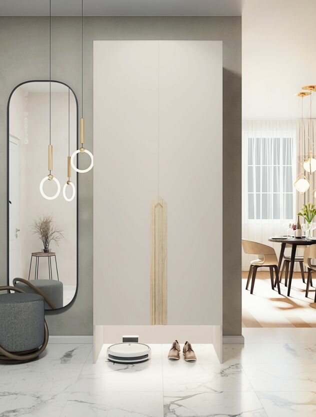 Casa Mia 60x50x260 см. Дизайнерский шкаф в прихожую распашной парящий, 2-дверный, кашемир, ручка из массива дуба