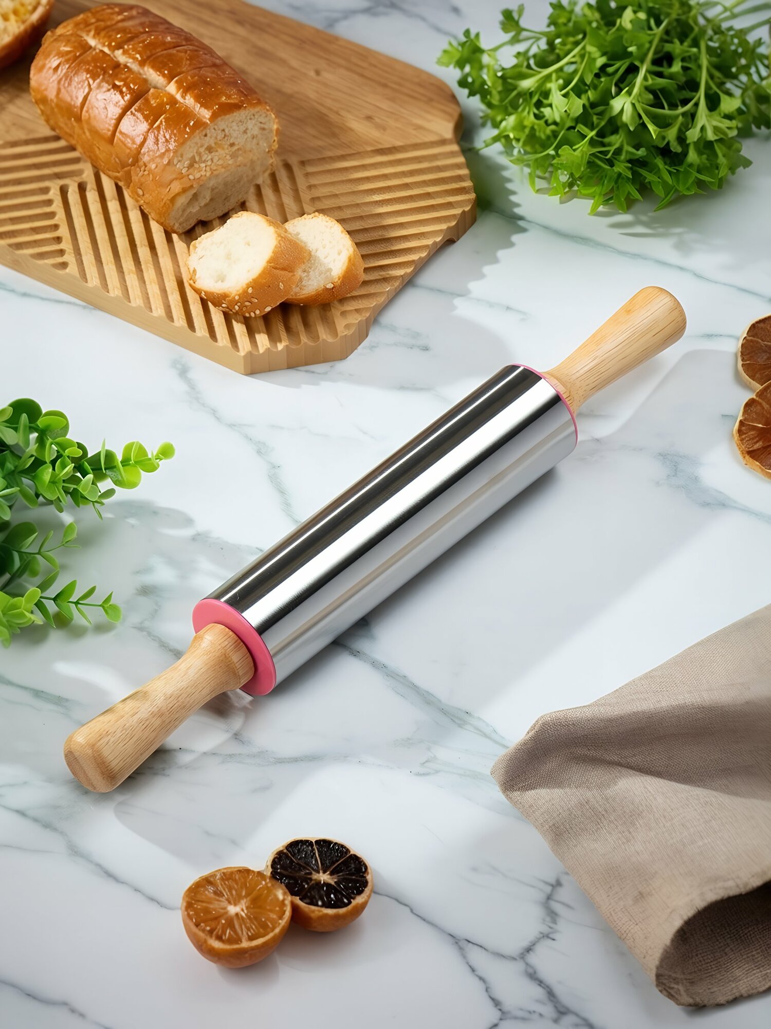 Скалка деревянная и металлическая 38 см, Y4-8702, Китай