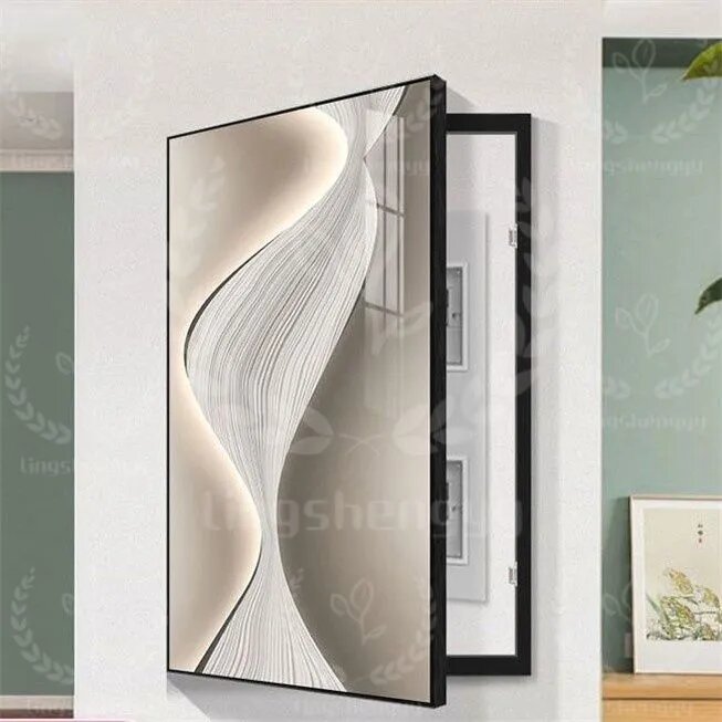 Декоративная картина для электрощита 40x50 см с гидравлической петлей и алюминиевой рамой (Золото/Черный) - Скрывает электрощит 30x40 см, без сверления, водонепроницаемая, для гостиной