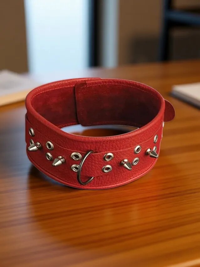 Ошейник Sitabella с шипами широкий красный, натуральная кожа