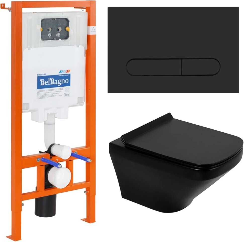 Комплект инсталляция с унитазом BelBagno Prospero BB3201CHR-MB/BB3201SC-MB/BB002-80/BB007-PR-NERO. M с кнопкой смыва, черный матовый + унитаз подвесной BelBagno Sela безободковый, с сиденьем микролифт, черный матовый