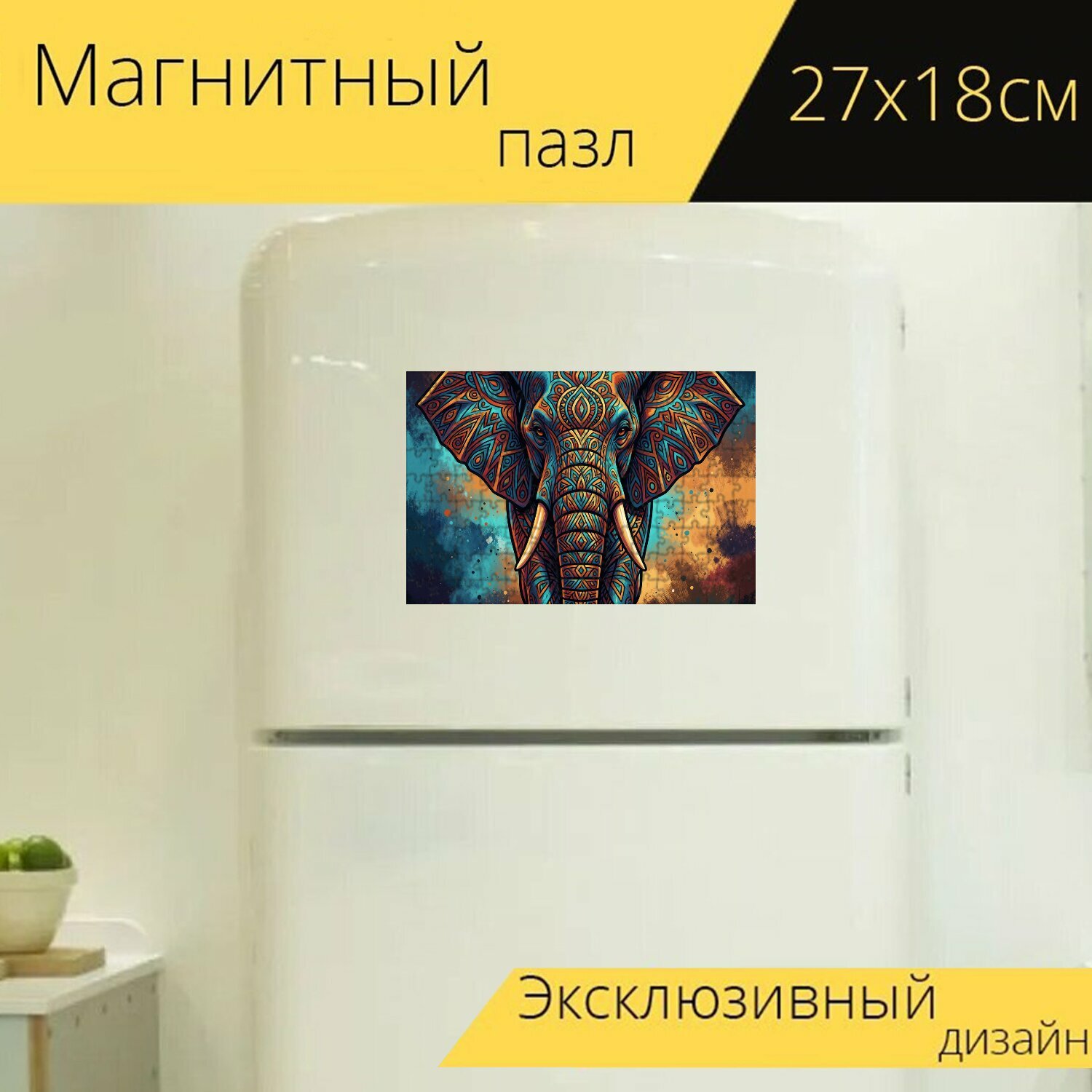 Магнитный пазл "Декоративный слон в этническом стиле. Яркая голова слона с геометрическим орнаментом, неоново-бирюзовые и оранжевые оттенки, эффект." на холодильник 27 x 18 см.