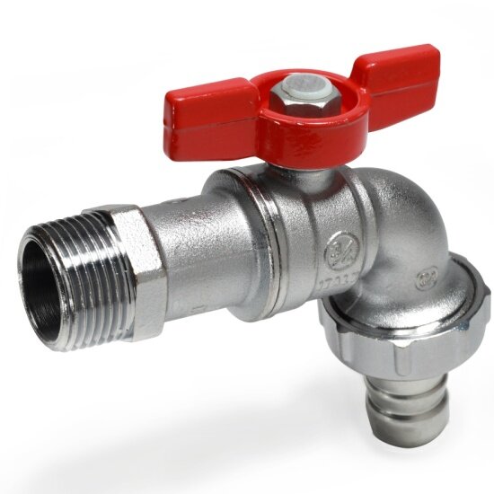 Кран шаровой садовый Giacomini R620, 1/2", Н, ручка-бабочка красная, хромированный, со штуцером