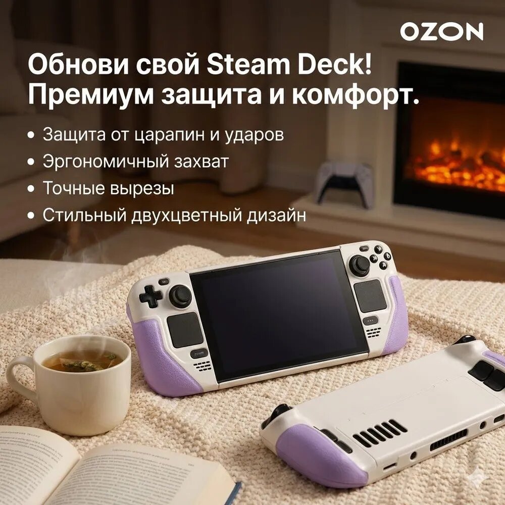 Чехол Steam Deck/OLED со встроенной подставкой и кожаными вставками, слоновая кость с фиолетовым
