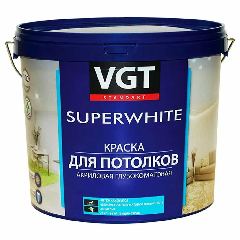 Краска для потолка VGT акриловая водно-дисперсионная матовая супербелая 1.5 кг для внутренних работ по бетону и гипсокартону