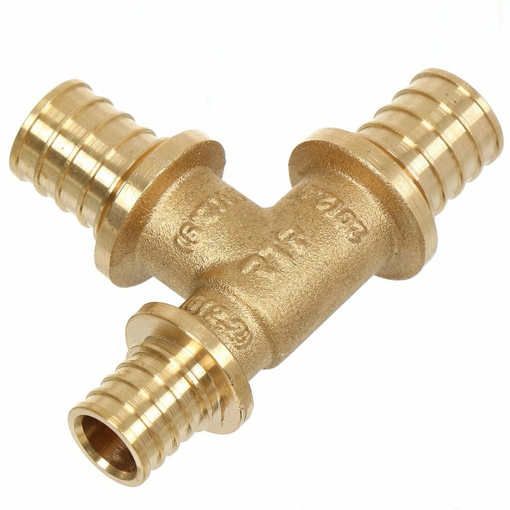 Тройник латунный РосТурПласт 20х16 мм для теплого пола и инженерной сантехники, золотой, артикул 29359