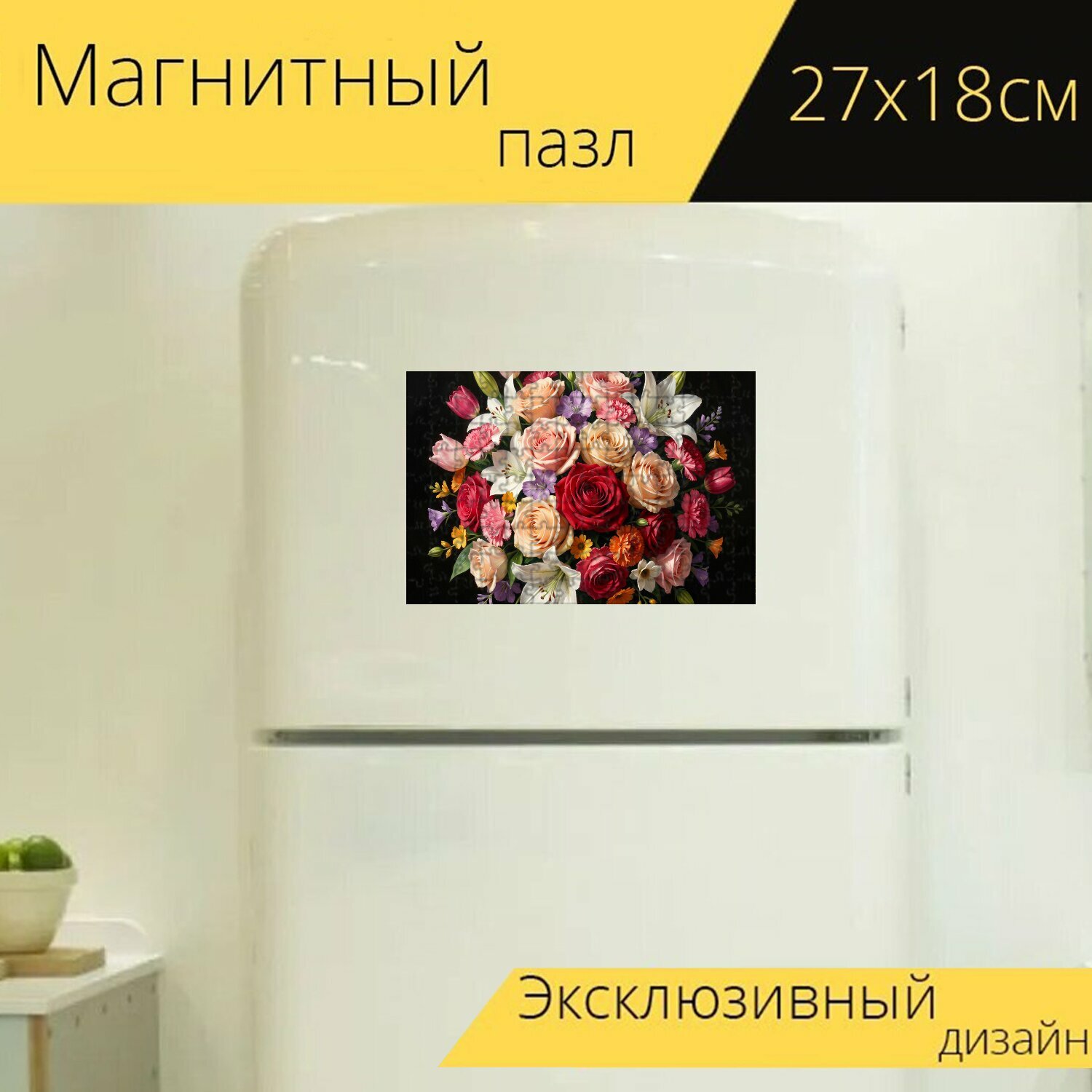 Магнитный пазл "Роскошный букет роз и лилий. Пышная цветочная композиция из алых, кремовых и розовых бутонов с белыми лилиями и мелкими садовыми цветами." на холодильник 27 x 18 см.