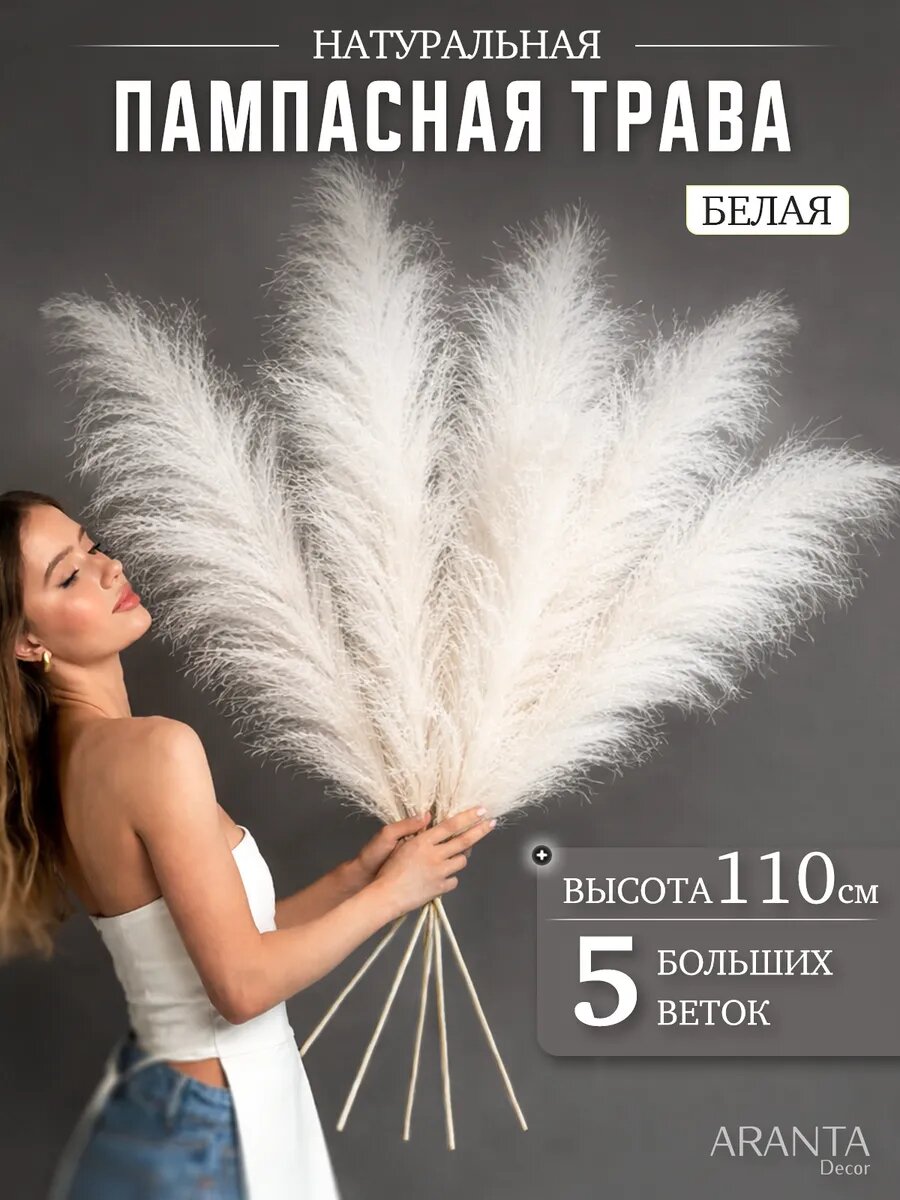 Пампасная трава ARANTA Decor Мискантус, 5 веток, белая, 110 см