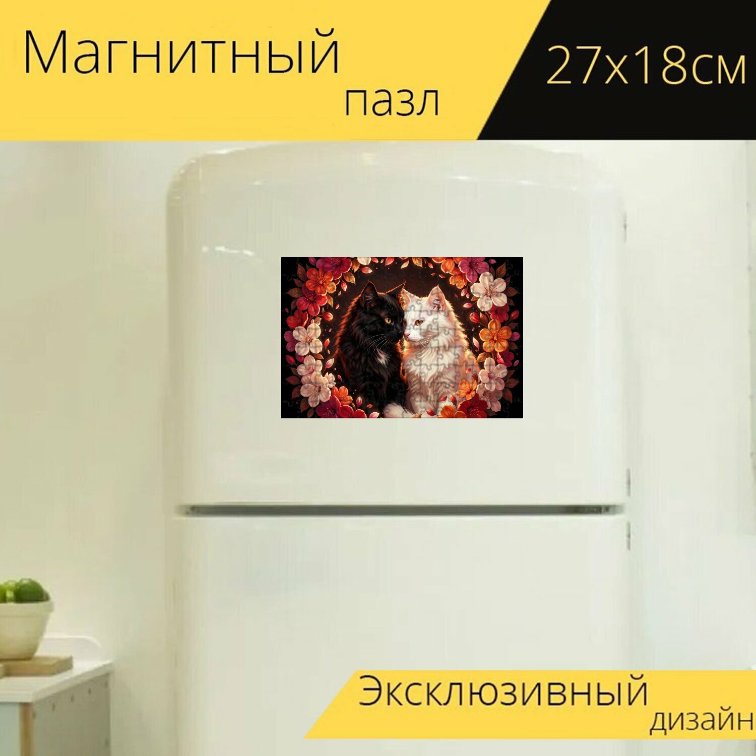 Магнитный пазл "Два кота в цветочном венке. Контрастная иллюстрация с черным и белым пушистыми питомцами, нежно прижавшимися друг к другу. Вокруг — яркий." на холодильник 27 x 18 см.