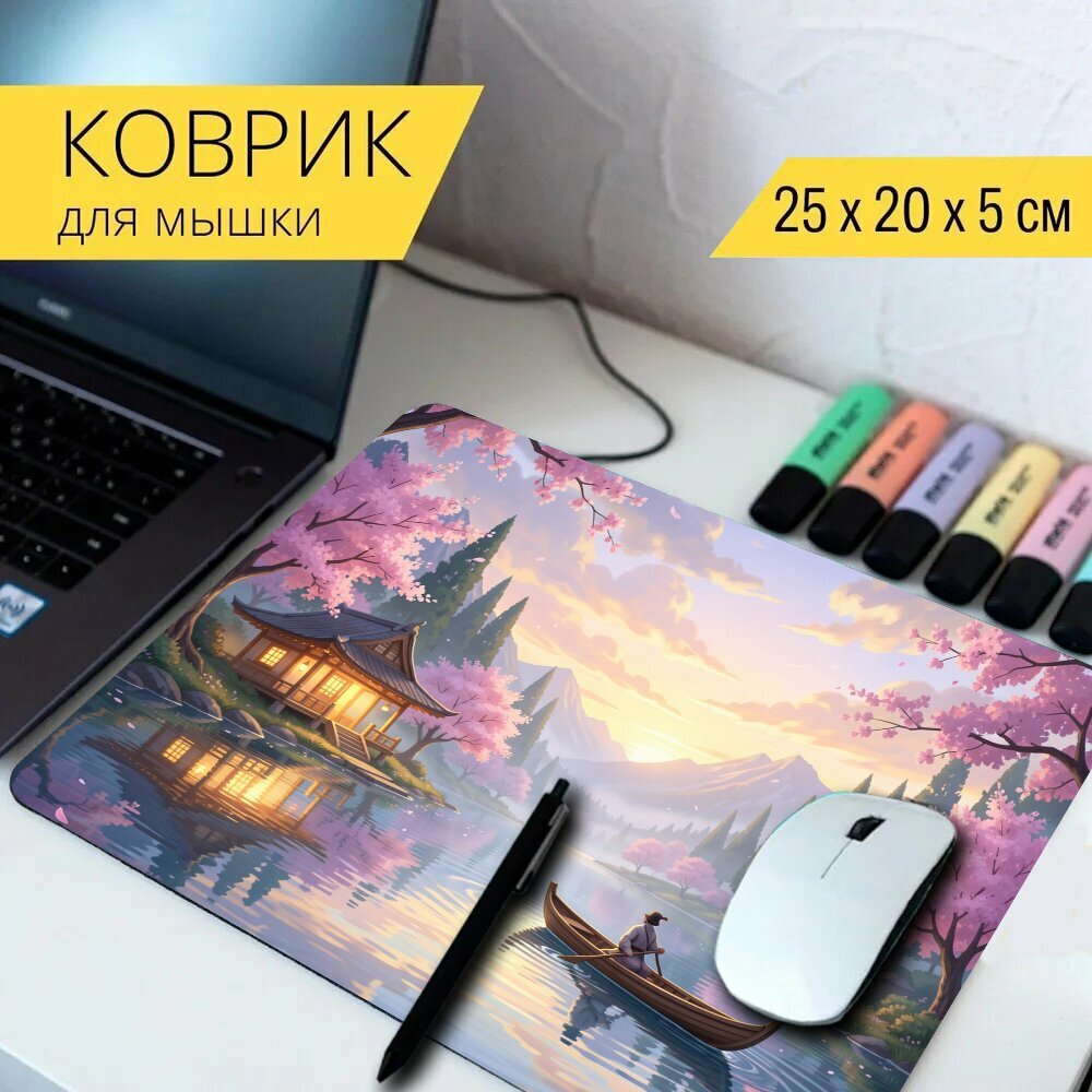 Коврик для мыши с принтом "Японский пейзаж с сакурой и лодкой. Романтичный вечерний вид с цветущими деревьями, тихой гладью воды, деревянным домиком у берега и лодкой на." 25x20см.