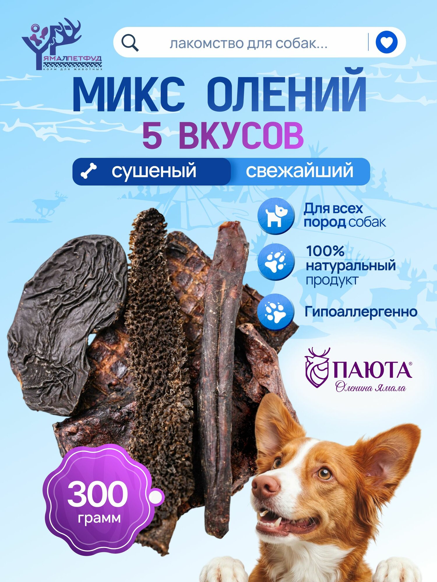 Лакомство для собак Микс 5 вкусов 300 грамм, Паюта