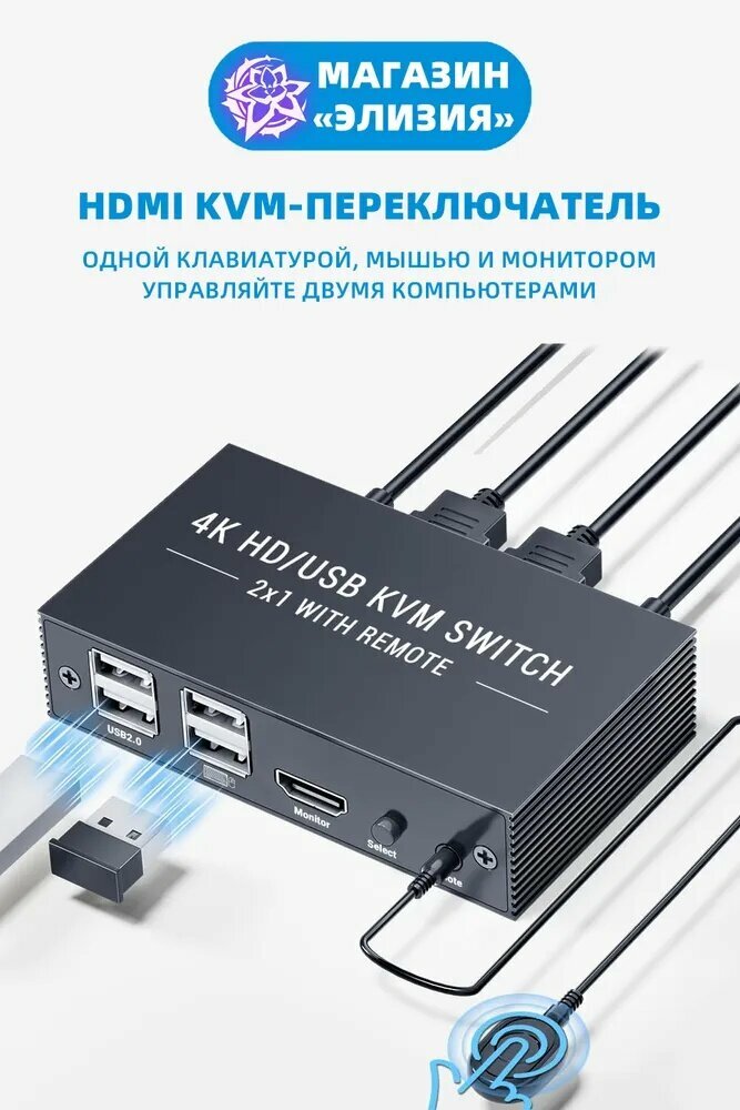 KVM SWITCH Переключатель HDMI USB между двумя устройствами с одним монитором (с металлическим корпусом)