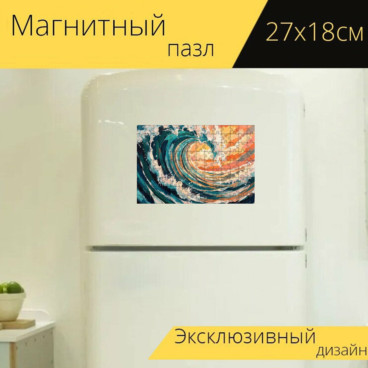 Магнитный пазл "Абстрактная морская волна на закате. Экспрессивный океанический вихрь с пенными брызгами и сияющим солнцем, выполненный широкими мазками." на холодильник 27 x 18 см.