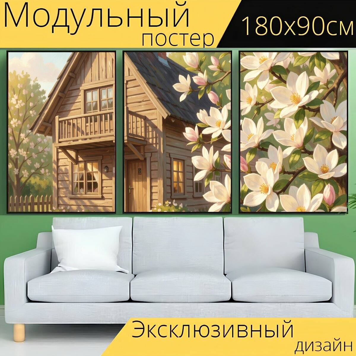 Модульный постер "Деревянный домик с магнолией. Уютный загородный коттедж в цветущем саду, ветви с бело-розовыми бутонами на переднем." 180 x 90 см. для интерьера на стену в тубусе