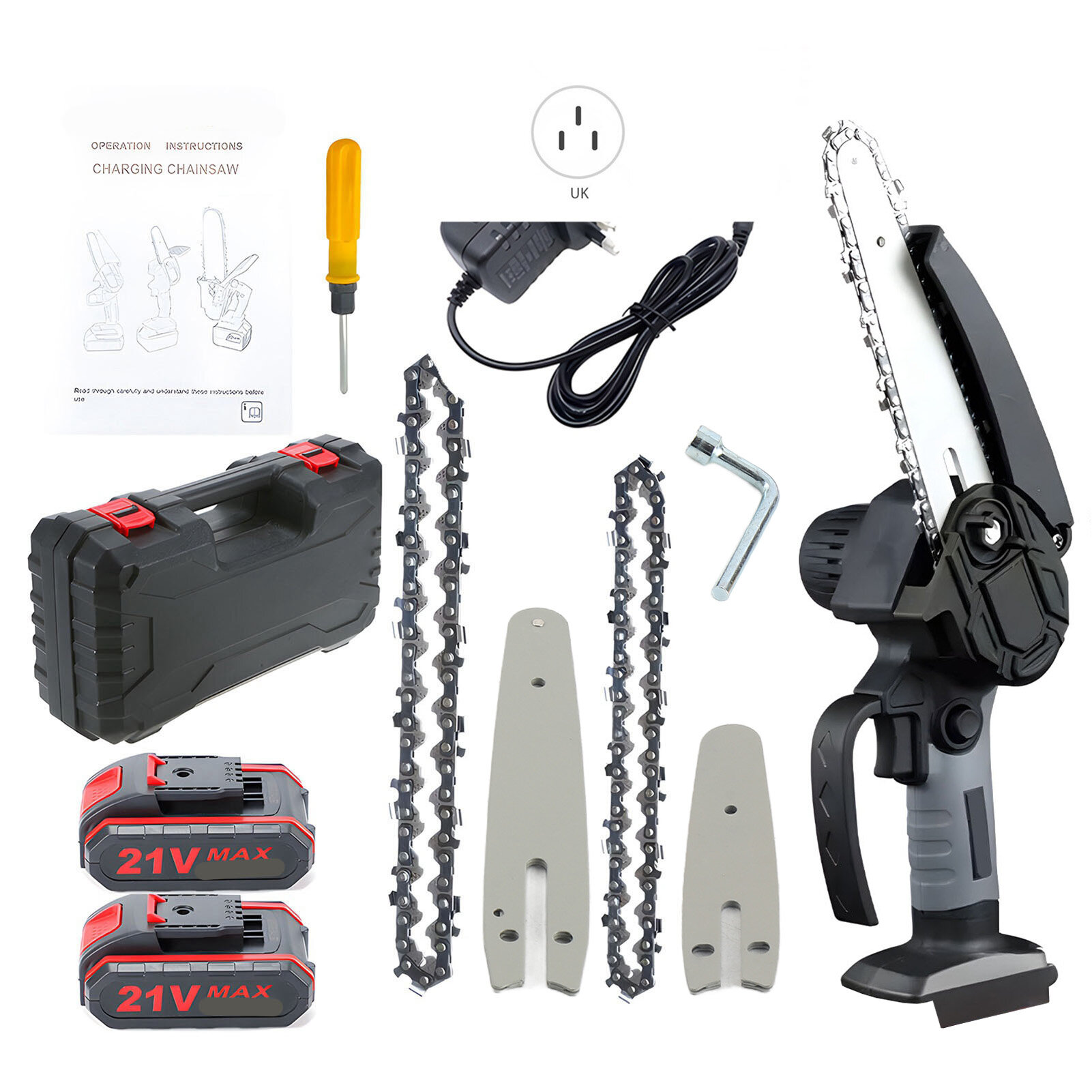 Мини -бензопила 4 -дюймовая 6 -дюймовая портативная бензопила с охраной блокировки 2 цепи 21 В. Перезаряжаемая аккумуляторная аккумуляторная батарея.