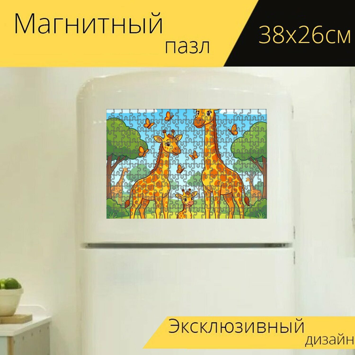 Магнитный пазл "Семья жирафов с бабочками. Милая мультяшная саванна с взрослыми длинношеими животными и детенышем, зелеными деревьями, голубым небом и." для интерьера, 38х26 см.