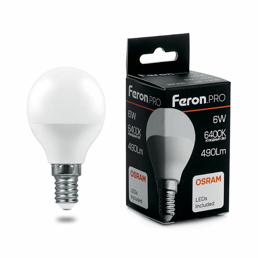 Лампа светодиодная E14 6 Вт G45 шар дневной белый свет 6400K Feron.PRO LB-1406 38067