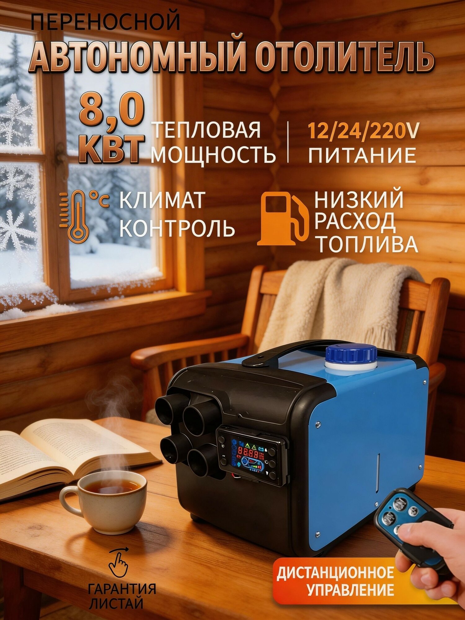 Автономный пластиковый дизельный отопитель 12/24/220V, 8 кВт для авто, гаража, бытовки и палатки с встроенным генератором 220
