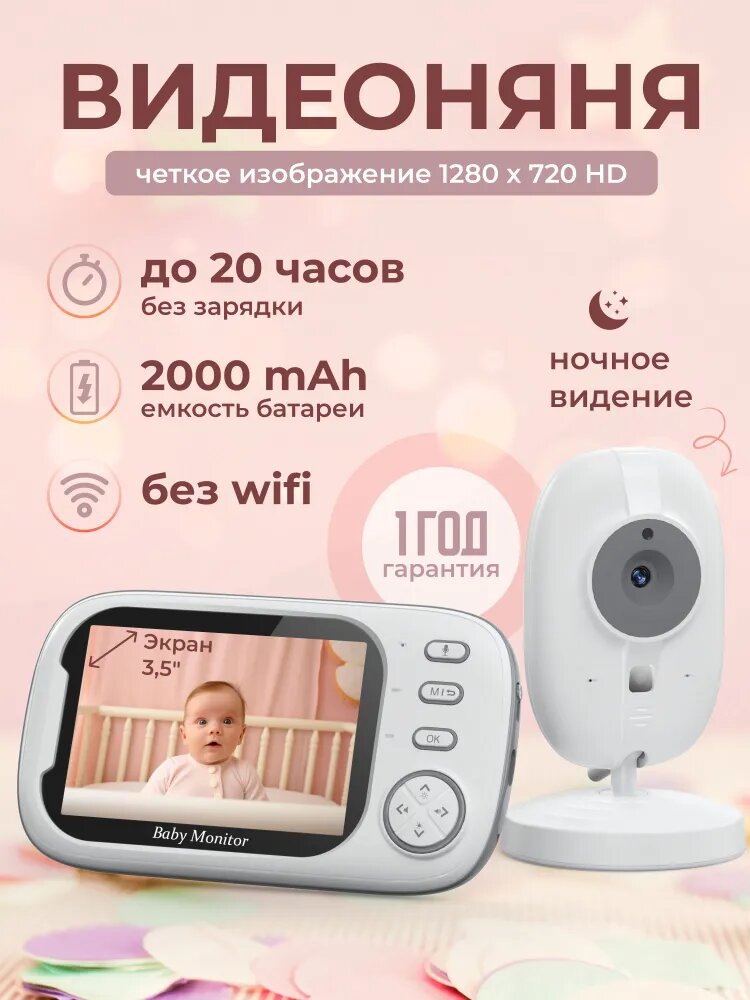 Видеоняня с монитором, беспроводная / Радионяня с двухсторонней связью и автоматическим включением экрана при обнаружении звука, Zealous